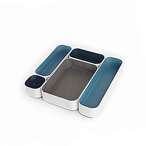 Three by Three Seattle 5 Piece Metal Organizer Tray Set for Storing Makeup, Stationery, Utensils, and More in Office Desk, Kitchen and Bathroom Drawers (2 Inch, Assorted Blue and Stripes)