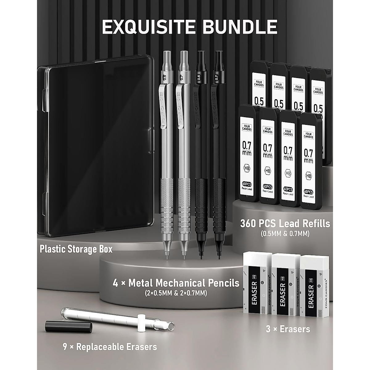 Four Candies 4PCS Metal Mechanical Pencils Set with Case, 0.5mm & 0.7 mm Artist Pencil with 8 Tubes (480PCS) HB Lead Refills, 3 Erasers,9 Eraser Refills For Writing Drafting, Drawing, Black&Sliver