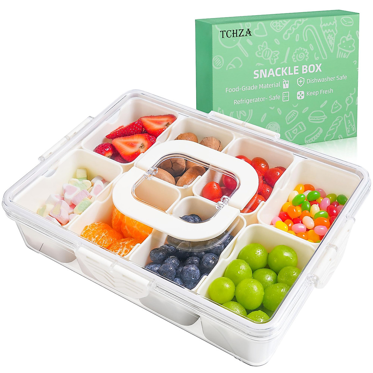 Snackle Box Container, Dishwasher Safety - Divided Serving Tray with Lid and Handle, Charcuterie Board for Portable Snack Platters - Clear Organizer for Fruits Snacks - Perfect for Road Travel Party
