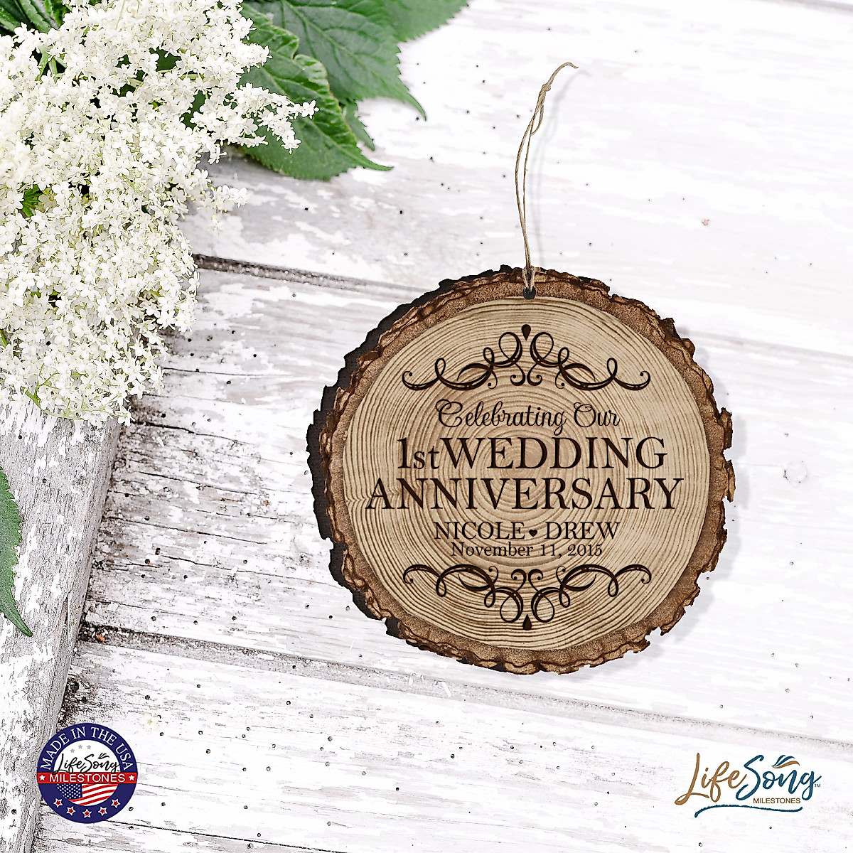 LifeSong Milestones Personalized 1st Anniversary Bark Style Christmas Ornament for 1 Year of Marriage - One Year Wedding Keepsake Gift for Parents Husband Wife him her 3.25” (Bark)