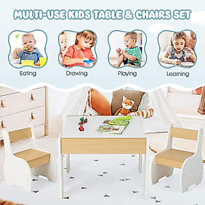 INFANS 3 in 1 Kids Table and Chair Set, Wood Multi Activity Table with Removable Tabletop Storage, Detachable Blackboard for Toddler Playing Drawing Arts Crafts,3 PCS Children Furniture