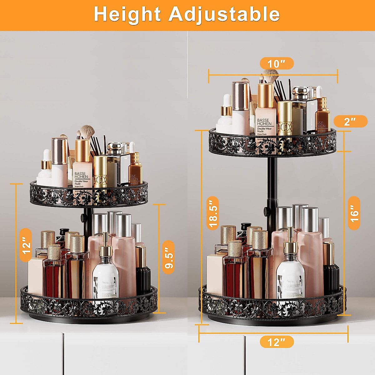 Two Tier Lazy Susan Organizer Turntable Height Adjustable, 2 Tier Lazy Susan 12 Inch Metal Easy Assembly, Lazy Susan Spice Rack Organizer Rotating for Cabinet Dining Table Top Kitchen Countertop Black