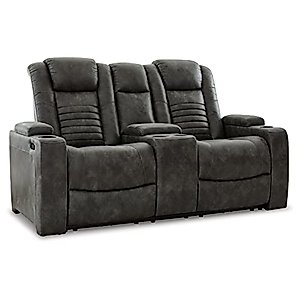 Signature Design by Ashley Soundcheck Contemporary Faux Leather Tufted Power Reclining Loveseat with Control and Adjustable Headrest, Gray