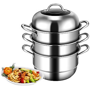 PETSITE 3-Tier Stainless Steel Steamer Pot, 11" Multi-Layer Cooking Pot, Steam Pot with Handles & Tempered Glass Lid, Steamer for Cooking