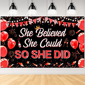 2024 Red Black Graduation Decoration Banner Red Black She Believed She Could So She Did Graduation Banner 2024 Class of Graduation Banner for Women Girls High School College Graduation 72.8x43.3 inch