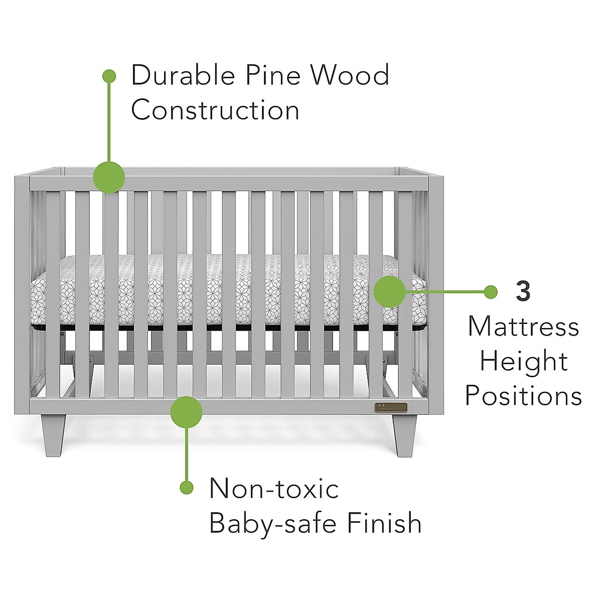 Child Craft Tremont 4-in-1 Convertible Crib, Baby Crib Converts to Day Bed, Toddler Bed and Full Size Bed, 3 Adjustable Mattress Positions, Non-Toxic, Baby Safe Finish (Gentle Gray)