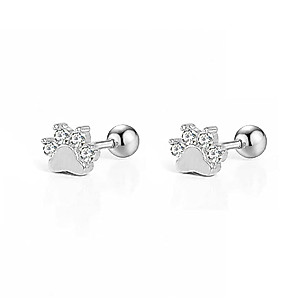 18g Mini Paw Print CZ Stud Earrings Sterling Silver Cartilage Tiny Ball Screw Back Small Studs Hypoallergenic Tragus Helix Cute Animals Dainty Sleeper Stud Earrings for Women Daughter Pet Lovers (silver)