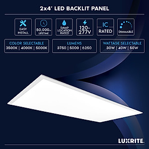 LUXRITE 8-Pack 2x4 FT LED Flat Panel Lights, 3CCT Selectable 3500K 4000K 5000K, 30W 40W 50W Tunable, Up to 6250LM, 0-10V Dimmable, Drop Ceiling Lights, 120-277V, IC Rated, DLC, ETL - Office Lighting