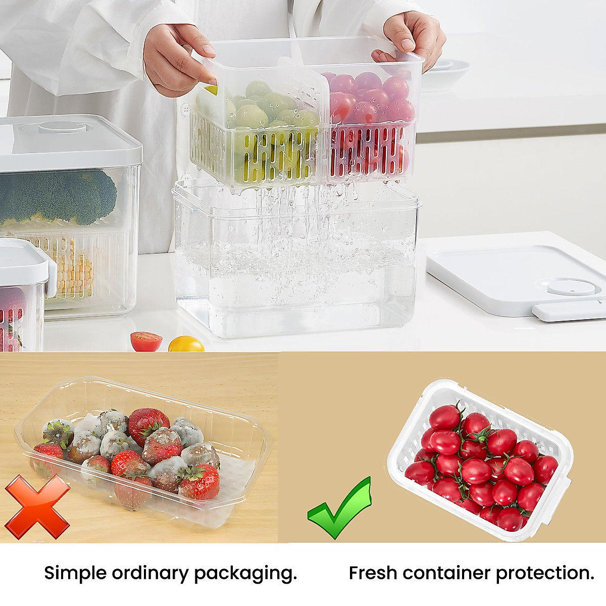 vacane Fruit Storage Containers for Fridge 3.8 Cup, Produce Containers with Colanders, Dishwasher Safe Berry Containers, BPA-Free Produce Storage Container, Keep berries Fresh