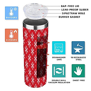 silichee 20 Oz Insulated Tumblers Stainless Steel Cup with Lid Christmas Snowflake Pattern White Snow Red Background Wrapping Texture Tumblers Vacuum Coffee Mugs for Cold Hot Drinks for Sport