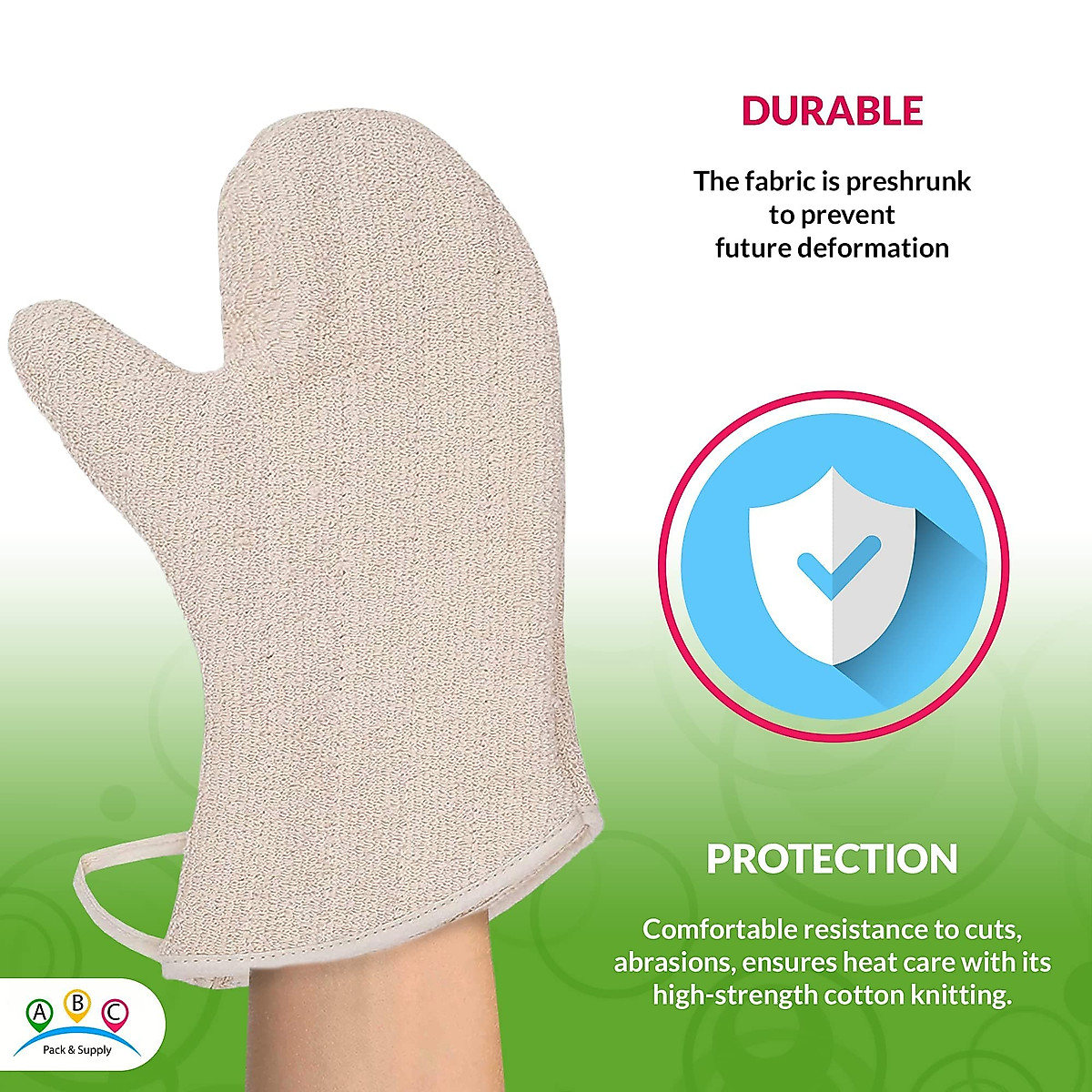 ABC Terry Cloth Oven Mitt 33 Cm. 3 Pairs of Beige Kitchen Oven Mitts Heat Resistant with 260 C Heat Resistance. Cut Resistant Cotton Oven Mittens for Kitchen with Top Loop. Washable Oven Gloves