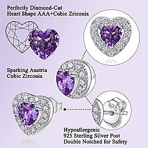SIMPLGIRL 925 Sterling Silver Birthstone Stud Earrings for Women Girls February Birthstone Earrings Jewellery Gifts Silver Heart Stud Earrings with Cubic Zirconia Birthday Gifts (with Gift Box)