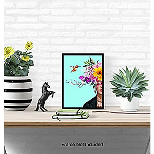 Hummingbird Flowers Tropical Wall Art & Decor - 8x10 Gifts for Women - Mexican Wall Art for Bedroom Home Office, Living Room - Floral Tiffany Blue Decor Picture Print - Hummingbird Wall Decor