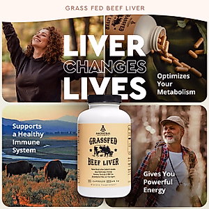Ancestral Supplements Grass Fed Beef Liver 180 Capsules, Supports Energy Production, Detoxification, Digestion, Immunity and Full Body Wellness, Non-GMO, Freeze Dried Liver Health Supplement