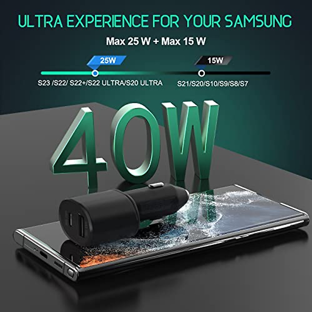 Samsung 25W USB C Car Charger, PD&QC3.0 Dual Port Compatible Car Charger with 5ft Type C Cable for Samsung Galaxy S23/S23 Ultra/S23 Plus/S22/S22 Ultra/S22+/S21/S21+/S21 Ultra/S20/S20+/Note 20/Note 10