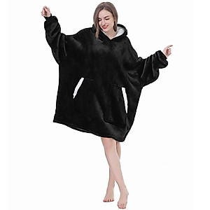 Kipswiza Oversized Sherpa Blanket Hoodie for Adult Women Men Teen - Thick Warm Wearable Hooded Sweatshirt Blanket Black
