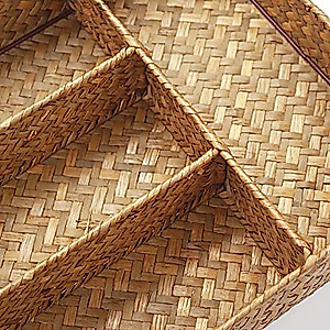 Seagrass Storage Basket with Compartments Utensil Tray for Organization Silverware Flatware Rectangular Shelf Baskets with 4 Sections
