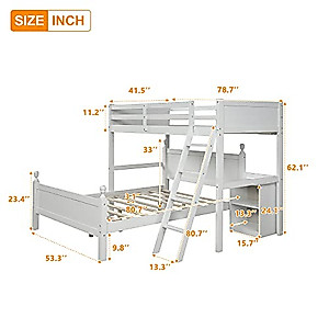Eafurn Twin Over Full Bunk Bed with Storage Cabinet, Wood L-Shaped Bunk Beds with Guardrails and Ladder,2 in 1 Bunk Bed Convertible Into a Loft Bed and Platform Bed, No Box Spring Need