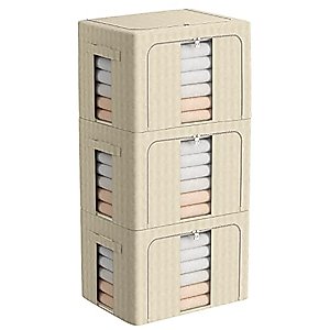 3 Pack Clothes Storage Bins Stackable Large Capacity Metal Frame Storage Box Large Capacity Foldable Oxford Fabric Clothes Container Organizer with Clear Window (Extra Large-100L, Beige)