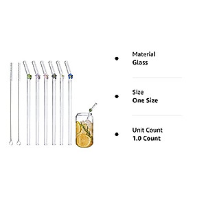 KIGOTWIN Reusable Glass Straw with Flower ,Colorful Shatter Resistant Bend Straws Cocktails Bar Accessories with Cleaning Brush (8), Blue,Green,White,Grey,Pink,Purple