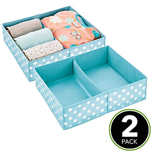 mDesign Fabric Drawer Organizer Bin Dividers for Baby Nursery Dresser, Closet, Organization - Bins Hold Clothes, Diapers, Cream, Toy, Blankets - 2 Pack, Turquoise Blue/White Polka Dot