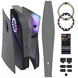 Face Plates for PS5 Console + RGB LED Light Strip + Dust Cover Net, Playstation 5 Kit with Fan Vents Faceplate Shockproof ABS Shell, Pets Hair Anti-dust Cover, 8 Colors RGB LED Light Ring. (Black)