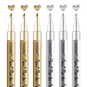 YOOHO Paint Pen Gold Silver Metallic Permanent Acrylic Markers Set for Fabric Glass Rock Wooden Ceramic Leather Tire Painting, 0.7mm Extra Fine Tip (3pcs Gold+3pcs Silver)