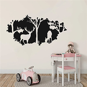 Forest Animals Wild Deers Wall Deal Art Vinyl Wall Sticker for Boys Kids Room Hunting Jungle Wall Decal for Bedroom Living Room Art House Decor Mural TM-46 (Black)