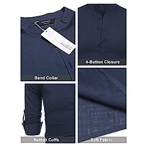 COOFANDY Mens Cotton Linen Henley Hippie Casual Beach T Shirt, Navy Blue, X-Large, Long Sleeve