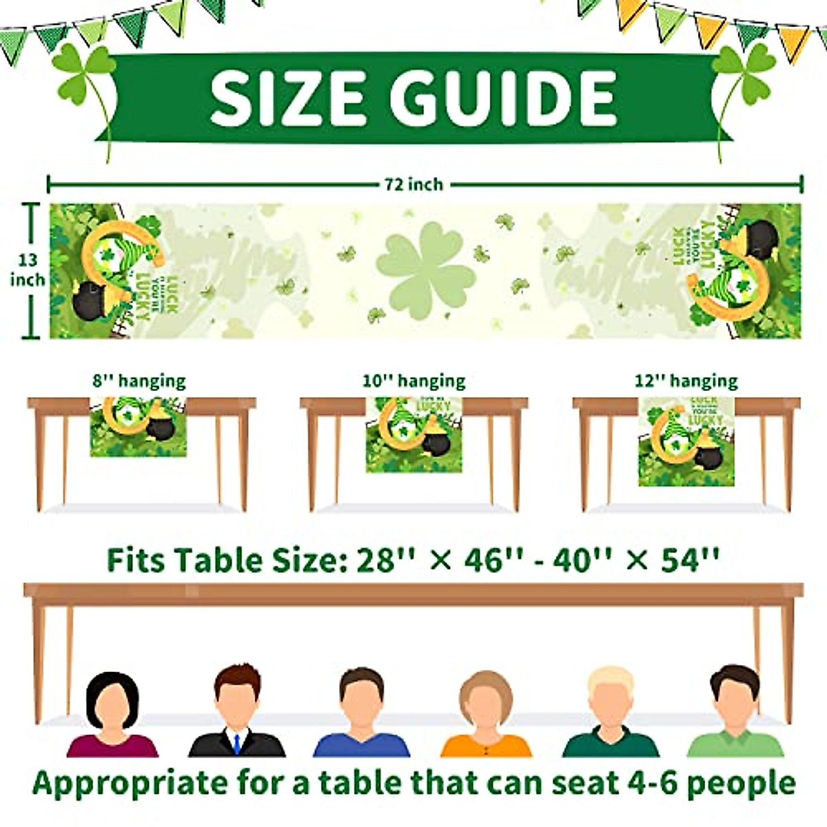 Funux St Patricks Day Table Runner 72 Inches Long, St Patrick's Day Decorations Spring Gnome Kitchen Dining Table Decoration for Indoor Outdoor St Patricks Day Home Decor
