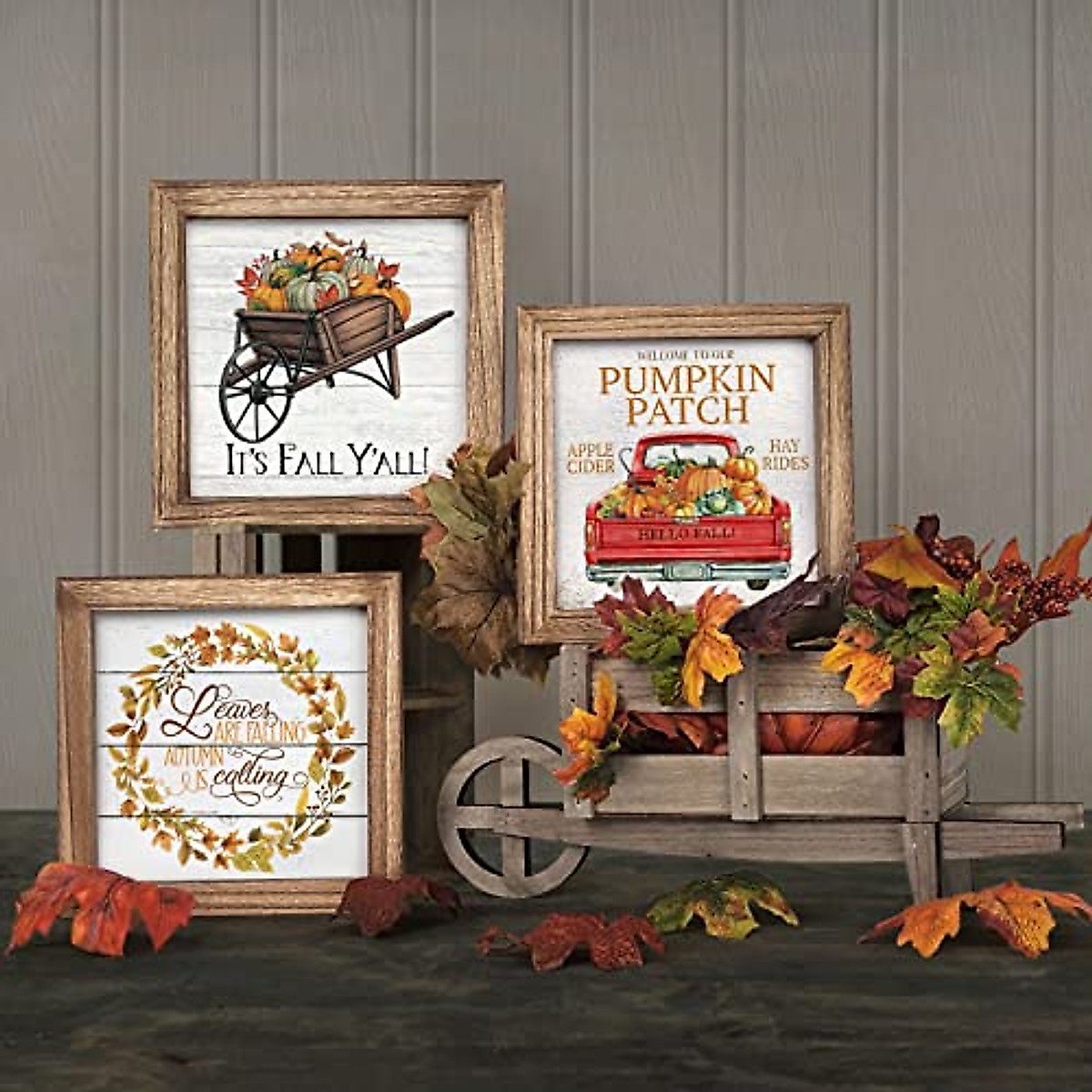 Set of 3 Rustic Wood Frames for Tiered Tray Decor with 36 Seasonal Interchangeable home signs Farmhouse Home Decor for the Spring, Summer, Fall, Winter, Christmas, Easter, Thanksgiving, 4th of July, Halloween, Valentines & St Patrick’s Day, 7x7 in.
