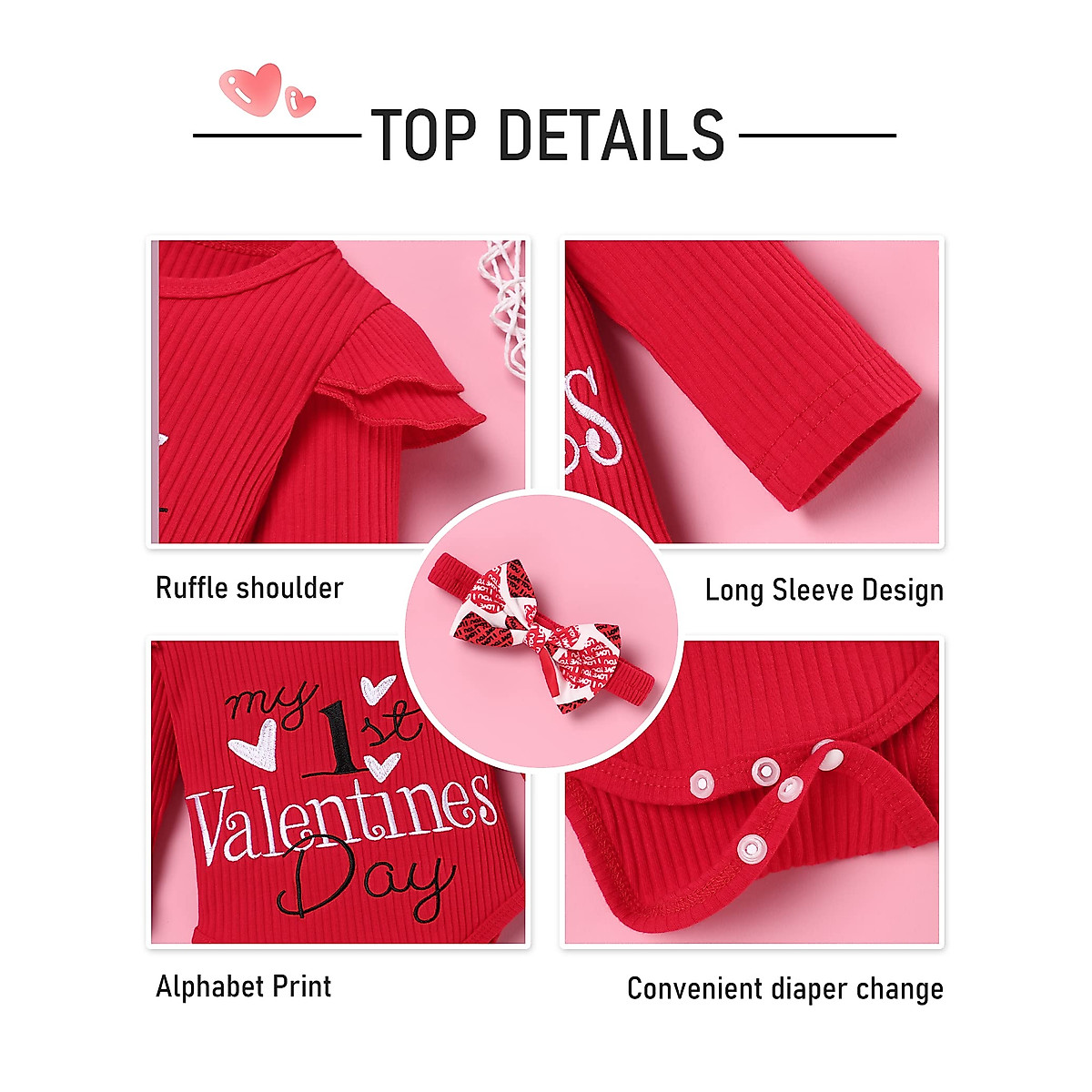My First Valentines Day Baby Girl Outfit Newborn Baby Bodysuit + Ruffle Bell Bottom Pants + Headband Valentines Clothes Set