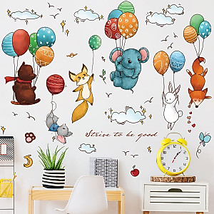RAINBOW WSK Animals Balloons Wall Decals Elephant Rabbit Fox Bear Clouds Wall Stickers Woodland Jungle Animals Wall Decals Peel and Stick Vinyl Wall Mural Kids Bedroom Nursery Classroom Wall Decor