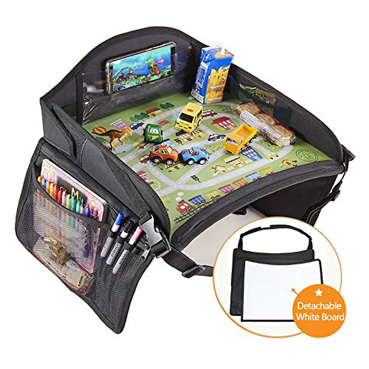KIDSNEAR Kids Travel Tray, Car Seat Travel Tray, Toddler Travel Tray with iPad & Tablet Holder, Cup Holder, Dry Erase Board (Black)