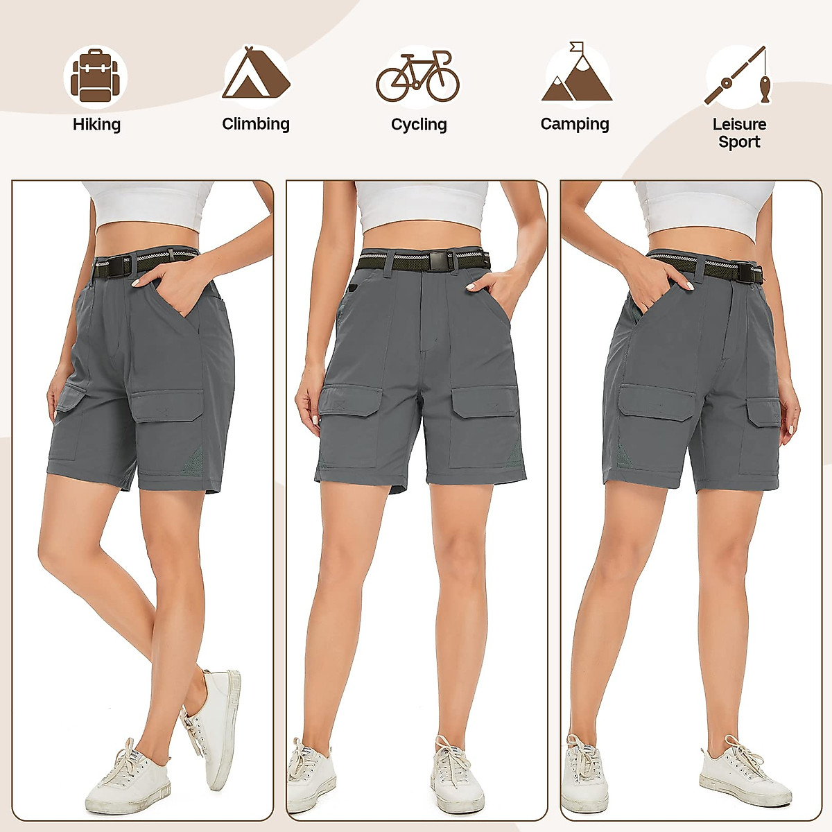 Jessie Kidden Womens Stretch Cargo Hiking Shorts Quick Dry Elastic Waist 7" Casual Shorts for Women Grey