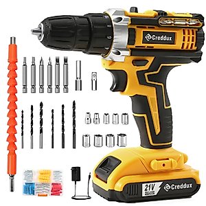 Creddux Cordless Drill Set 21v Power Drill Cordless With Battery & Charger, 84pcs Accessories Electric Drill Variable Speed, 3/8'' Keyless Chuck, Built-In Level and 2 Driver Bits Yellow kit