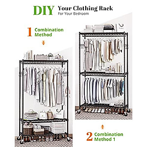 HOKEEPER Heavy Duty Wire Garment Rack Clothes Rack with Shelves and Double Rods, Rolling Clothing Rack for Hanging Clothes, Portable Freestanding Closet Storage Shelves Rack with Wheels and Hooks