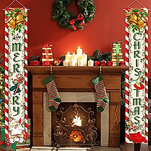 Christmas Porch Sign Decorations | Vintage Christmas Elf Hanging Banner with Santa Claus | Retro Merry Christmas Front Door Decor for Xmas Holiday Party Outdoor Indoor Yard Home