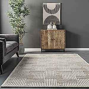 nuLOOM Mallory Hand Hooked Wool Geometric High Low Textured Area Rug, 5' x 8', Ivory