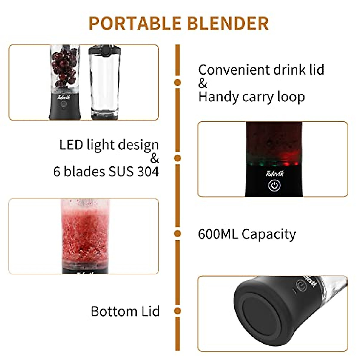 Portable Blender,Tulevik Personal Blender for Shakes and Smoothies with 6 Blades,20 Oz Mini Blender with Travel Lid and USB Rechargeable for Kitchen/Gym/Travel/Office, BPA-Free, Black