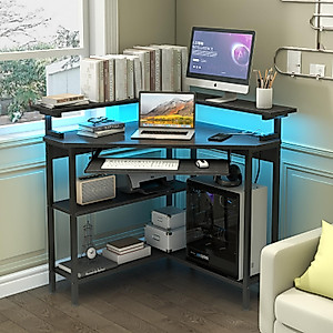 Auromie Corner Desk with Charging Station & LED Light, Triangle Corner Desk with Monitor Stand & Keyboard Tray for Small Space, Gaming Computer Desk with Storage Shelves for Home Office (Black)