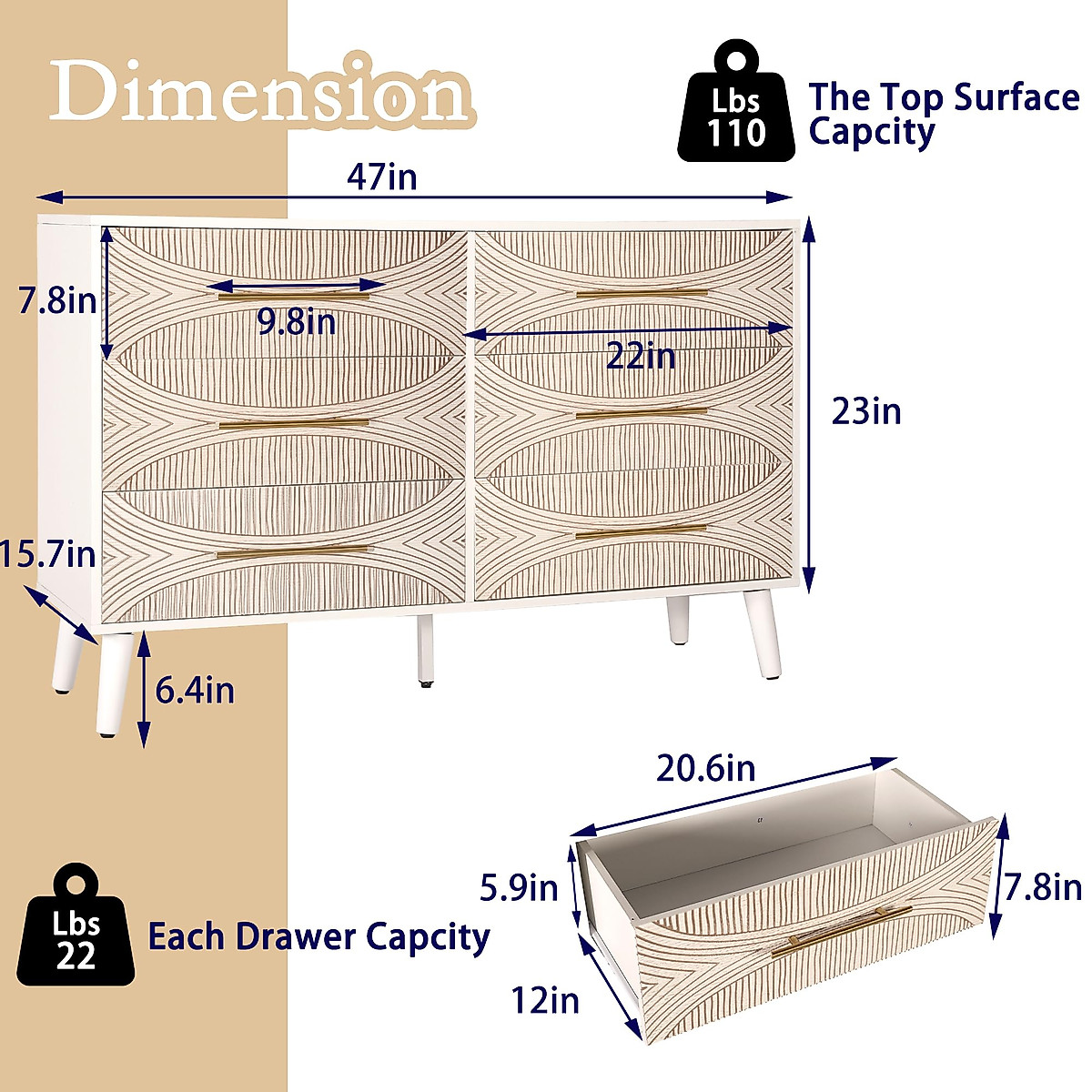 VINYUSE 6 Drawer Dresser, Dresser for Bedroom, Chest of Drawers with Metal Handle, Dresser TV Stand, Wood Drawer Organizer for Bedroom, Living Room, Enterway, Texture Beige