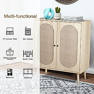 QHITTY Rattan Sideboard Buffet Cabinet, Accent Kitchen Storage Cabinet Console Table with Adjustable Shelves for Living Room, Dining Room, Bedroom (Natural)