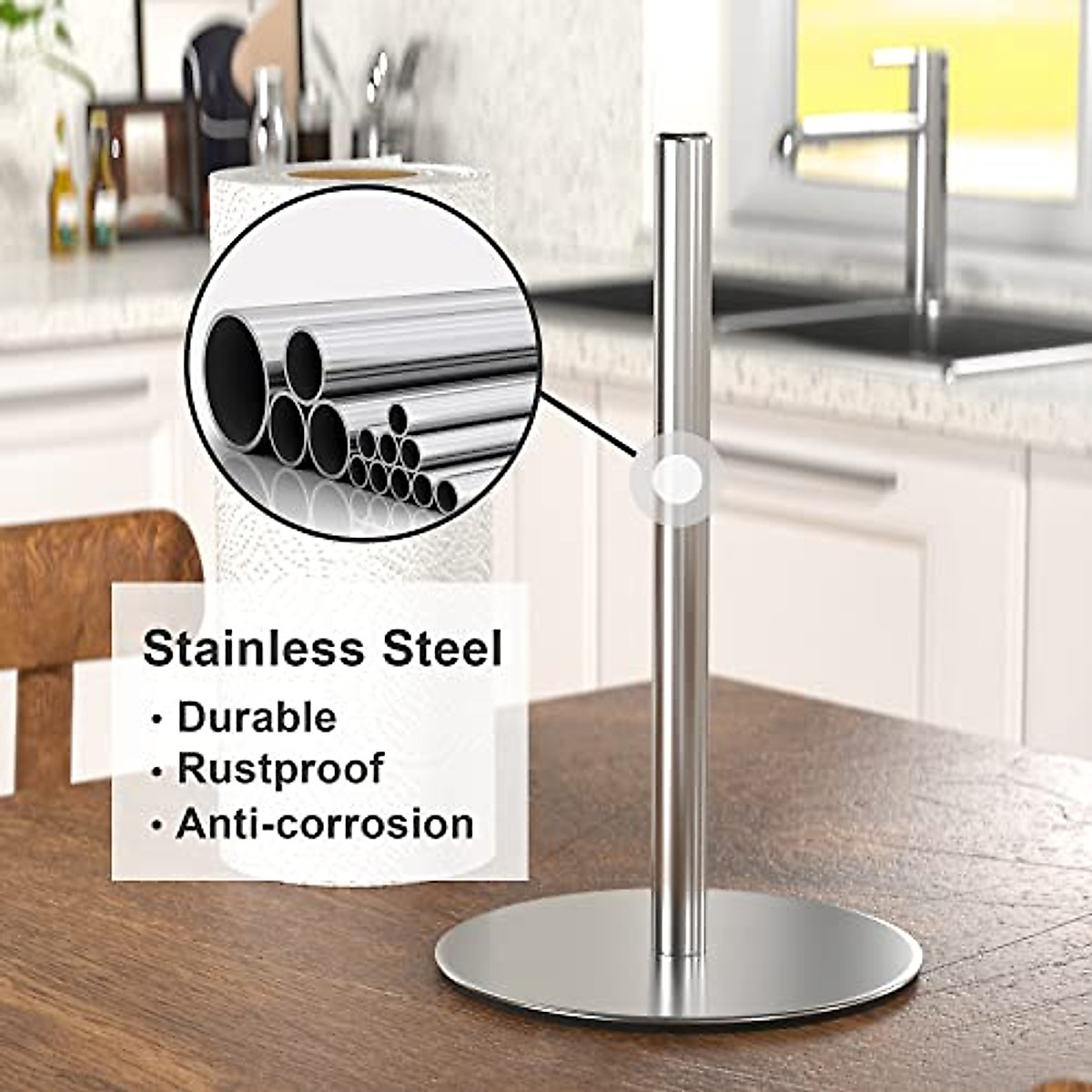 Silver Paper Towel Holder Free-Standing Kitchen Roll Holder, Premium Stainless Steel Kitchen Paper Holder for Kitchen Rolls Organizer, Classic Fashion Kitchen Roll Dispenser