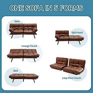 KOMFOTT Futon Sofa Bed, Faux Leather Memory Foam Convertible Futon Couch with Adjustable Backrest & Armrests, Metal Legs, Modern Loveseat Sleeper Bed Split-Back Sofa for Small Apartment & Office