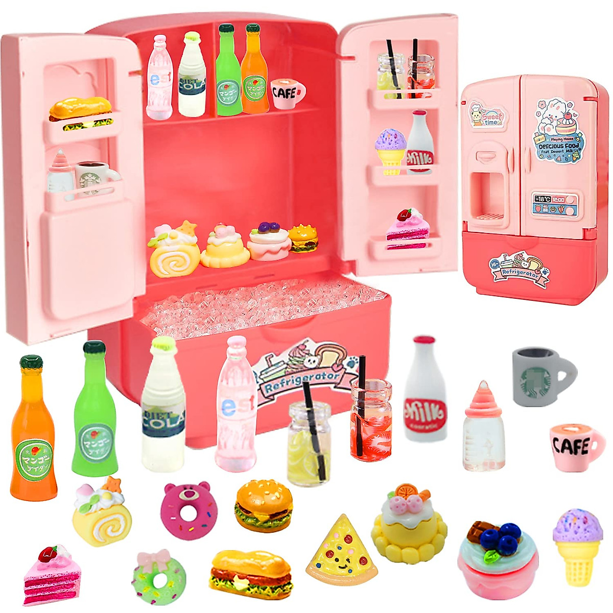 20 Pcs Dollhouse Refrigerator Miniature Food Drinks Bottles Dollhouse Accessories 1:12 Mini Fridge Toy with Mini Food Set Pretend Play Kitchen Furniture Mini Things Stuff Tiny Baking