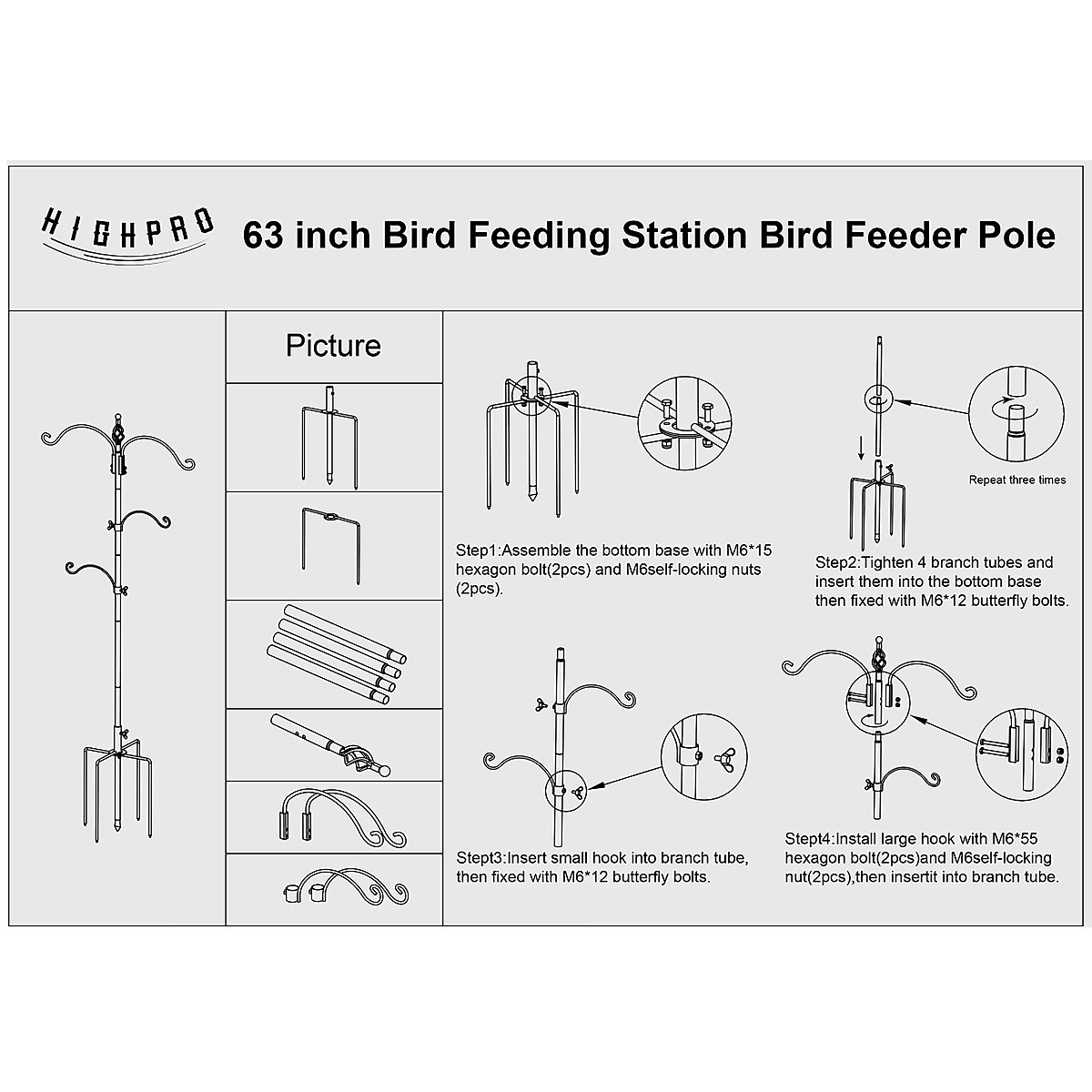 Bird Feeding Station Feeder Pole - Multi Hook 63 inches Stand for Watching Attracting Wild Bird Outdoor Hanging Pole by Highpro, 5-Prong Anchor Base