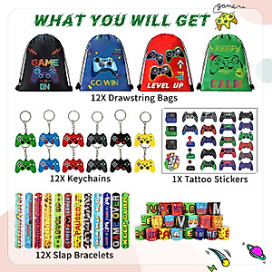 61 Pcs Video Game Party Favors, Gamer Party Favors Bags Includes 12 Pcs16 x 13 Inch Video Game Party Drawstring Bags Slap Bracelets Keychains Tattoo Stickers for Kids Gaming Party Favors