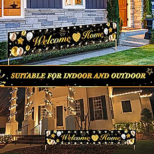 Welcome Home Banner Large Black Gold Welcome Home Yard Sign with LED String Light and Clips for Outdoor Decor Family Gathering Military Homecoming Deployment Returning Party Supplies, 9.8 x 1.6 ft