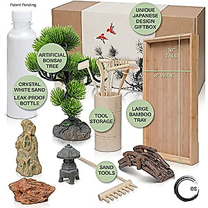 ENSO - Japanese Zen Garden for Desk - Extra Large 16" x 8" Desktop Mini Zen Garden with White Sand, Artificial Bonsai Tree, Rocks, Rakes & Accessories - Zen Gifts Sand Garden Kit for Office Decor